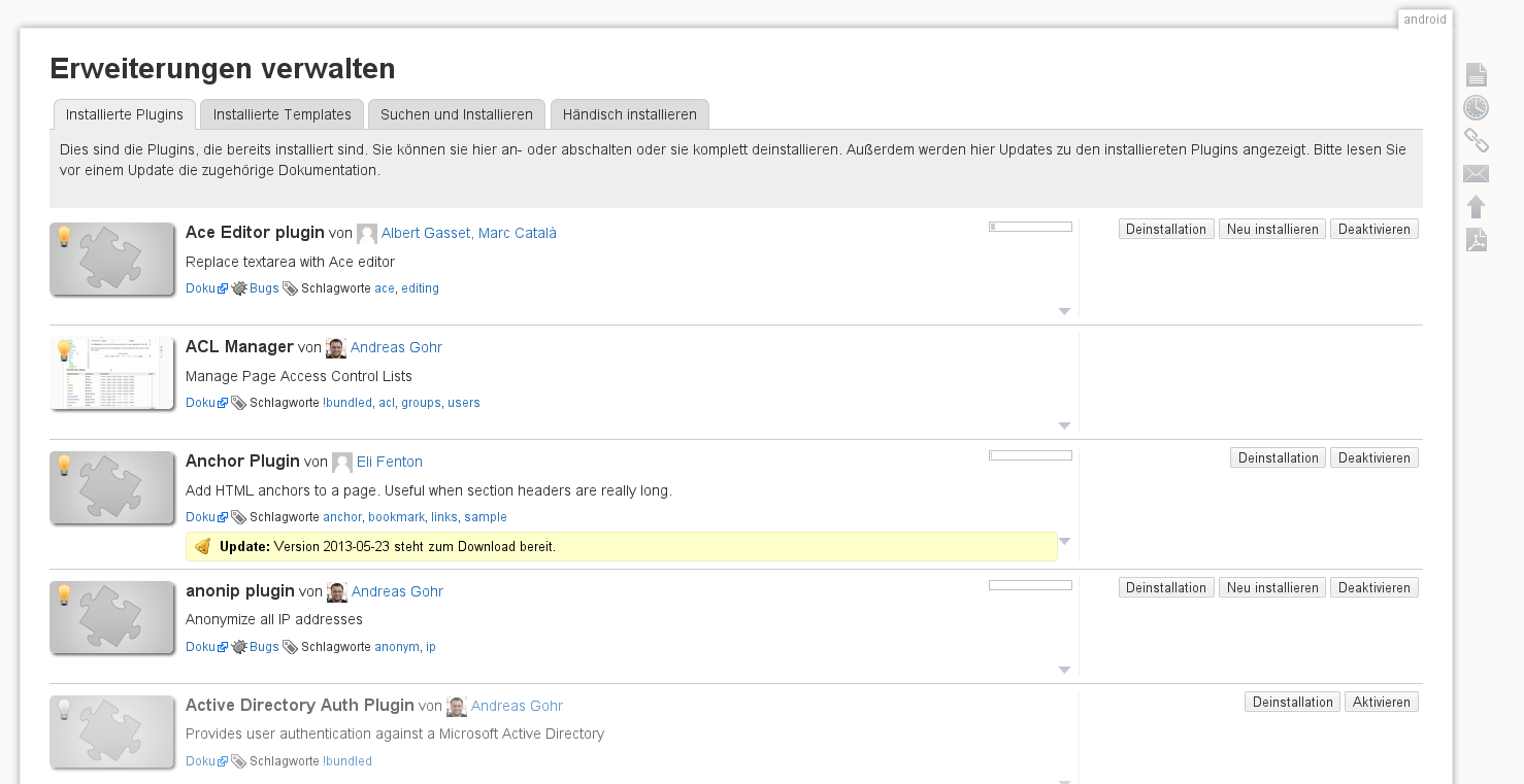 Update für DokuWiki – „Ponder Stibbons“ – mit Audio, Video, Erweiterungen verwalten ...