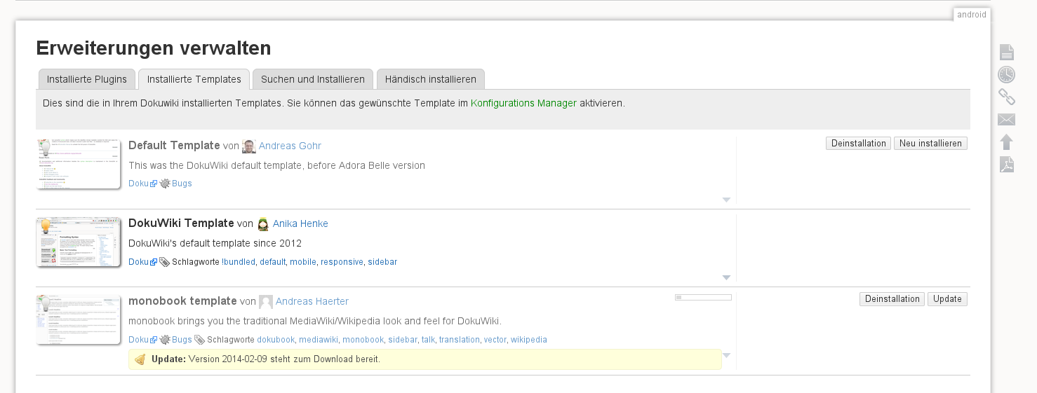 Update für DokuWiki – „Ponder Stibbons“ – mit Audio, Video, Erweiterungen verwalten ...